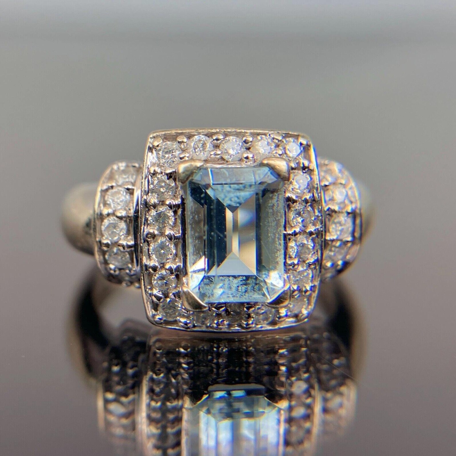 EFFY BITA 14k Diamond & Emerald-cut Aquamarine White Gold Halo Ring Size 4 - Etsy