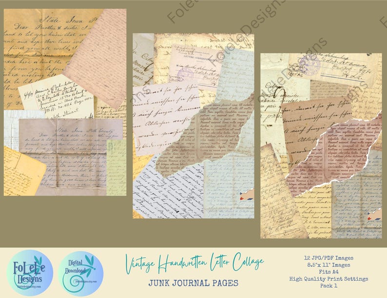12 Vintage Handwritten Letter Collage Pages | Junk Journal ...