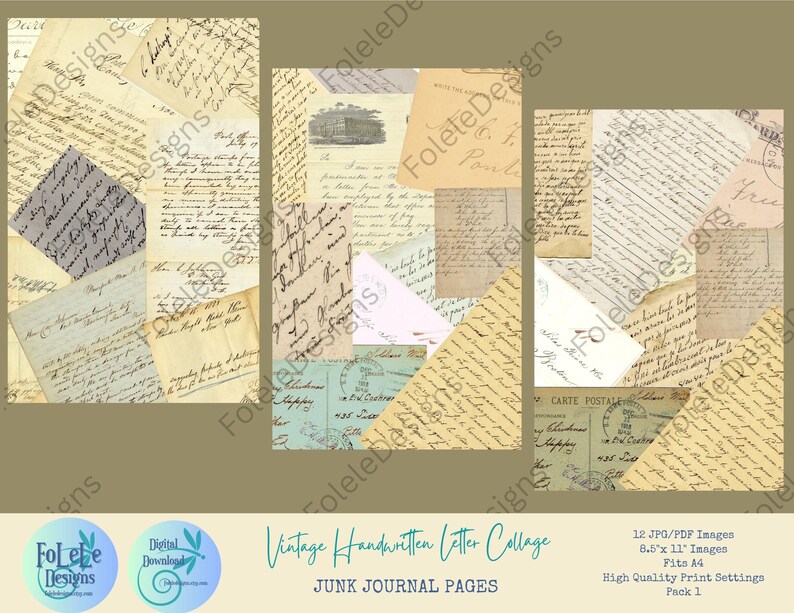 12 Vintage Handwritten Letter Collage Pages | Junk Journal ...