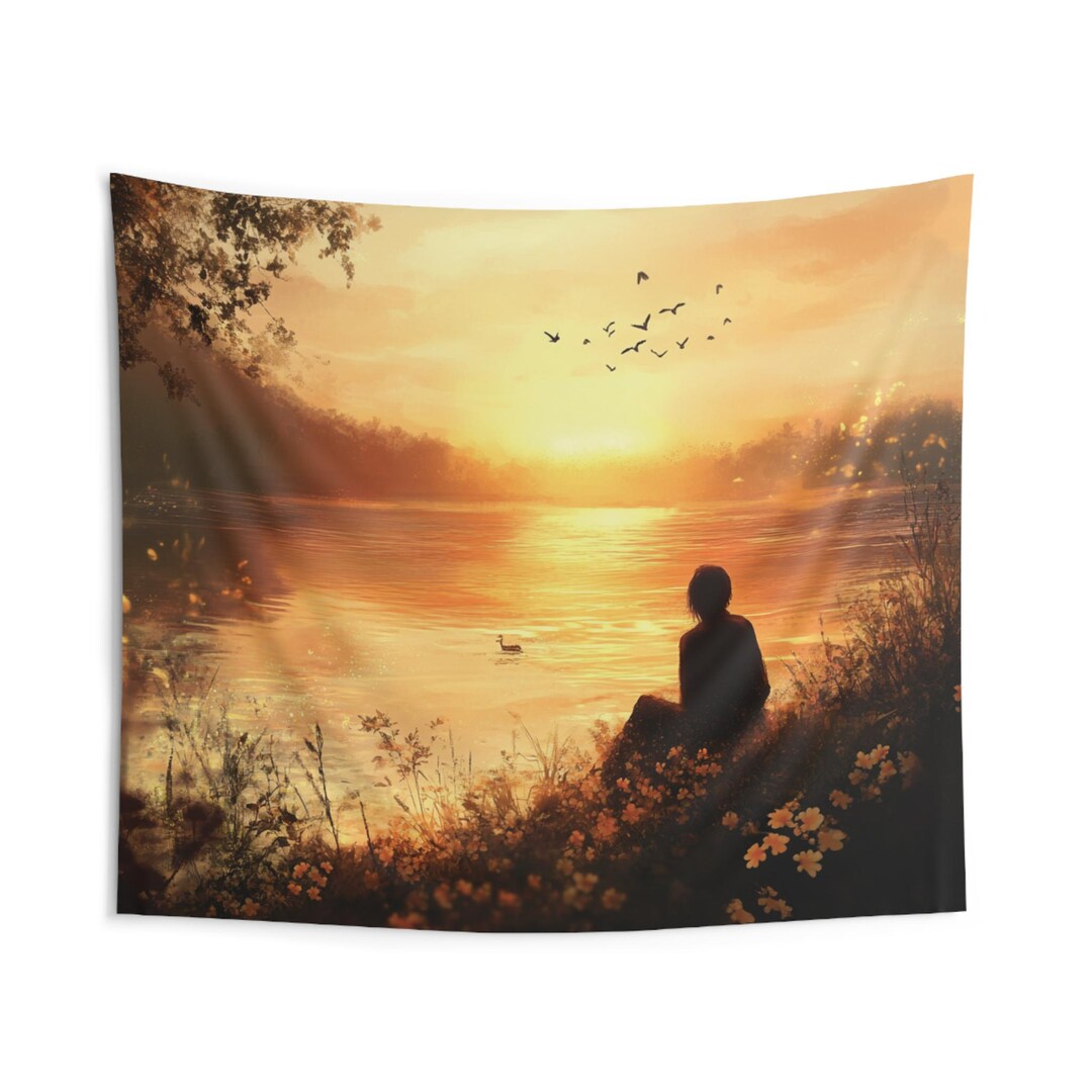 Comforting Riverbank Sunset Indoor Wall Tapestries, Healing Grief ...