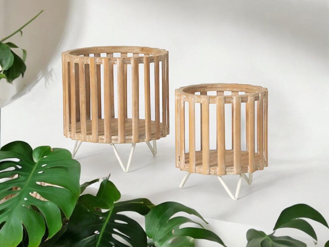 Slat Cylinder Pot Holder Set White Washed Wooden Stand for House Plants ...