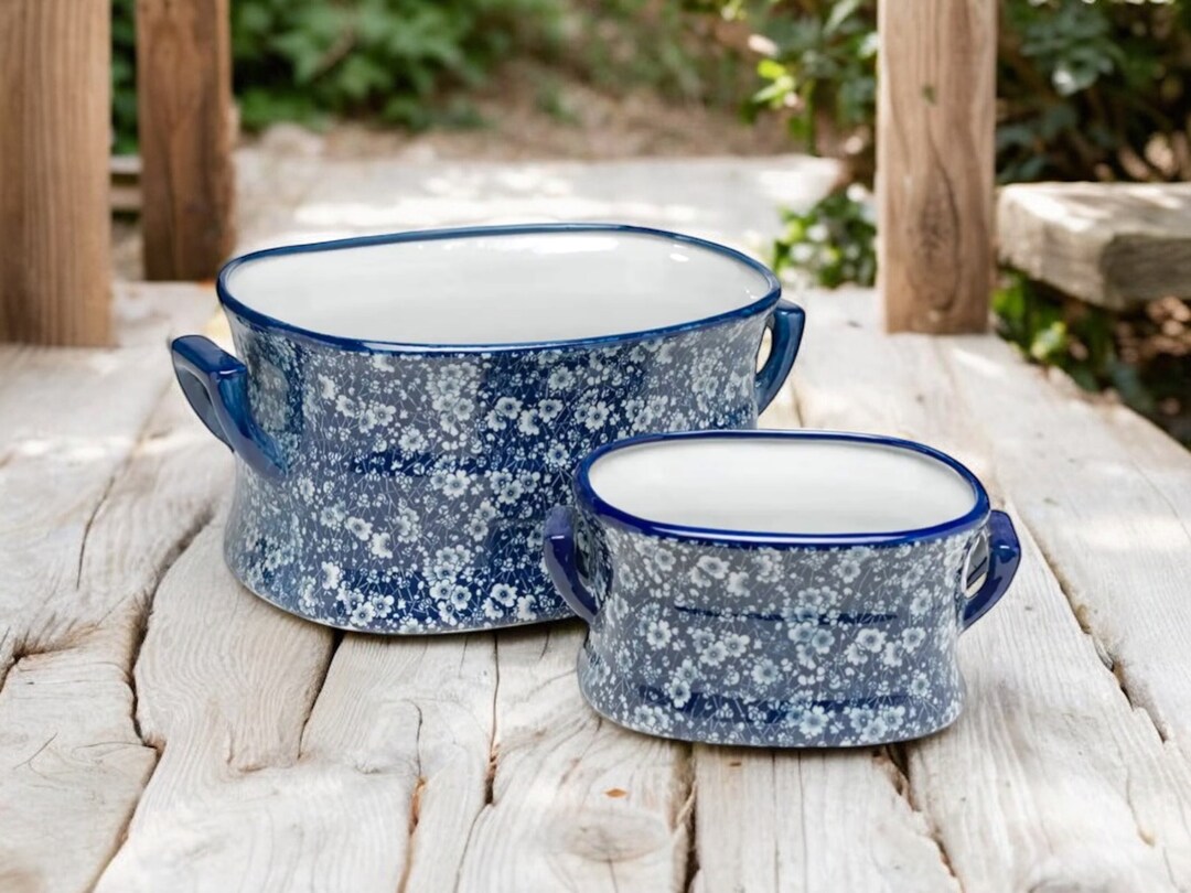 Blue Floral Footbath Planters With Handles Large Porcelain Flower Pots ...