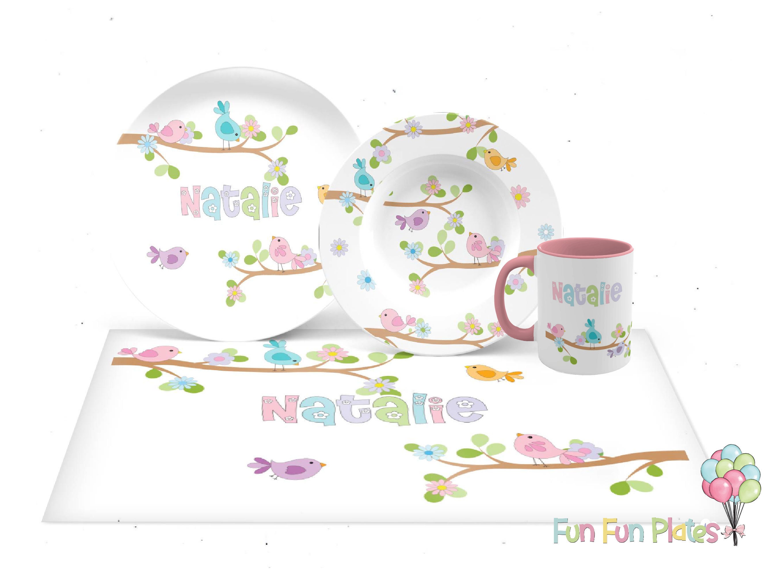 Pretty Birds Personalized Dinnerware Set | Toddler Birthday Gift Idea ...