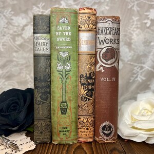 Antique Book Stack, Set of 4 Rare Antique Books, Silver Gilt Distressed ...
