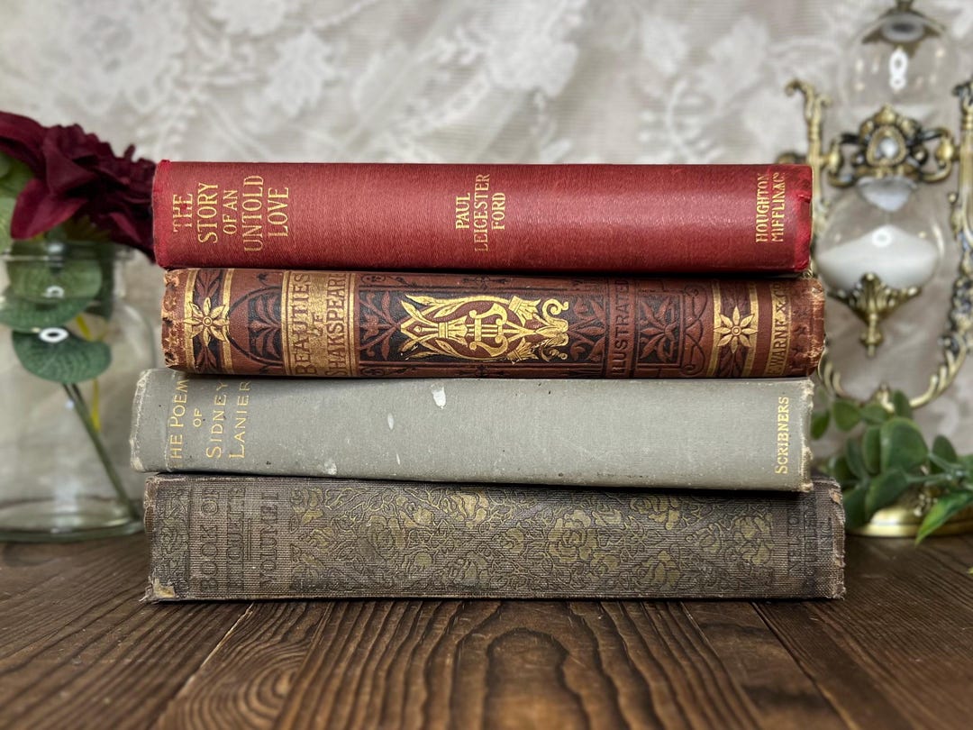 Antique Book Stack, Set of 4 Rare Antique Books, Distressed Blue Gray ...