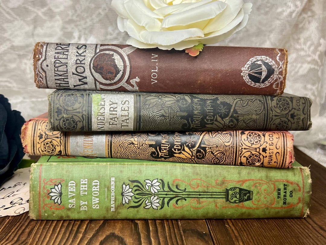 Antique Book Stack, Set of 4 Rare Antique Books, Silver Gilt Distressed ...