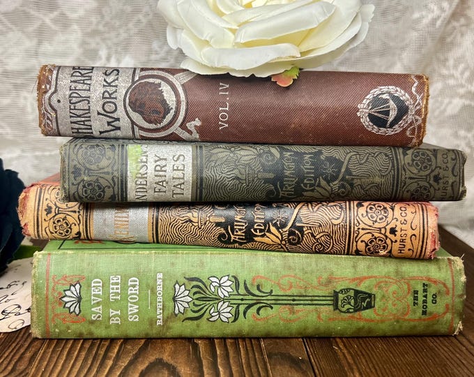 Antique Book Stack, Set of 4 Rare Antique Books, Silver Gilt Distressed ...