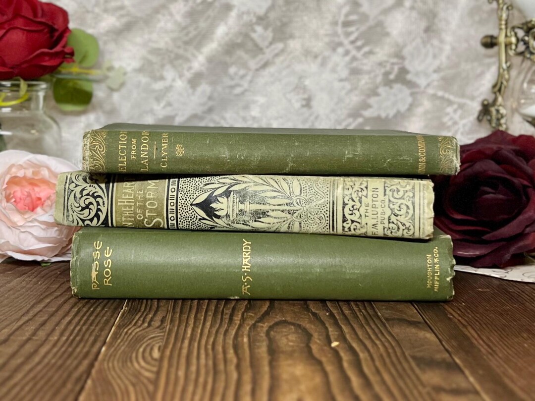 1800s Antique Book Stack, Set of 3 Rare Antique Books, Tattered Distressed Green Victorian ...