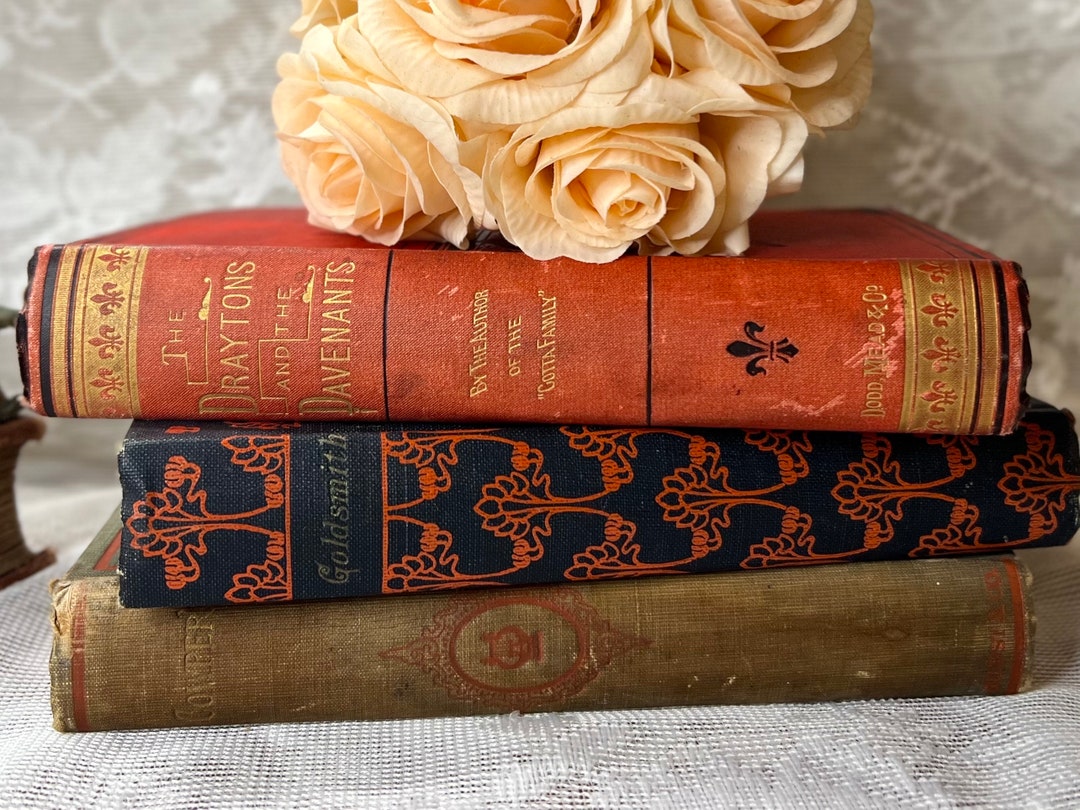 Antique Book Stack, Set of 3 Rare Antique Books, Decorative Red Green ...