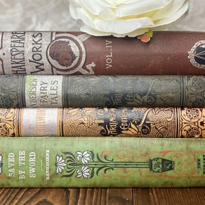 Antique Book Stack, Set of 4 Rare Antique Books, Silver Gilt Distressed ...