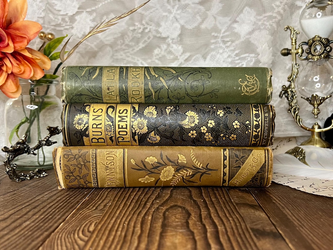 Antique Book Stack, Set of 3 Rare Antique Books, Distressed Brown Green ...