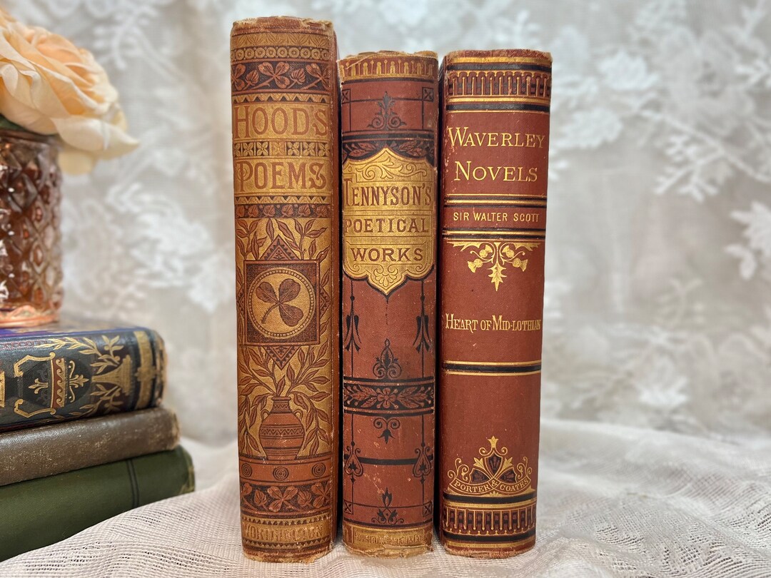 Antique Book Stack, Set of 3 Rare Antique Books, Red Gilded Victorian ...