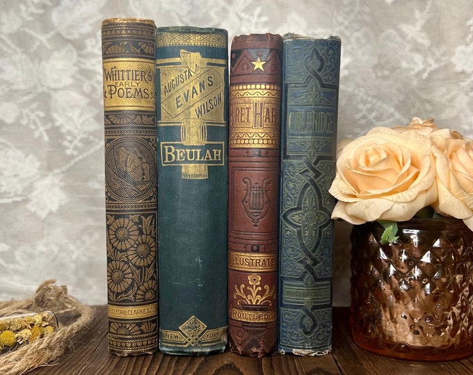 Antique Book Stack, Set of 4 Rare Antique Books, Decorative Victorian ...