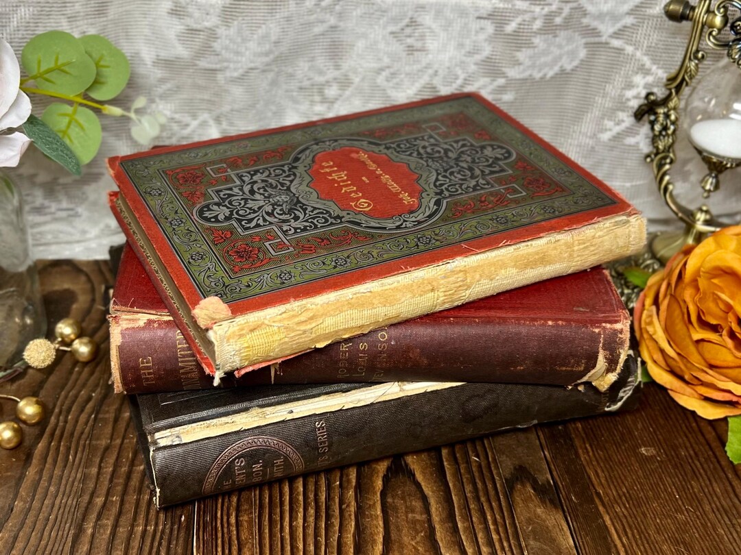 1800s Antique Book Stack, Set of 3 Rare Antique Books, Tattered Distressed Victorian Bindings ...