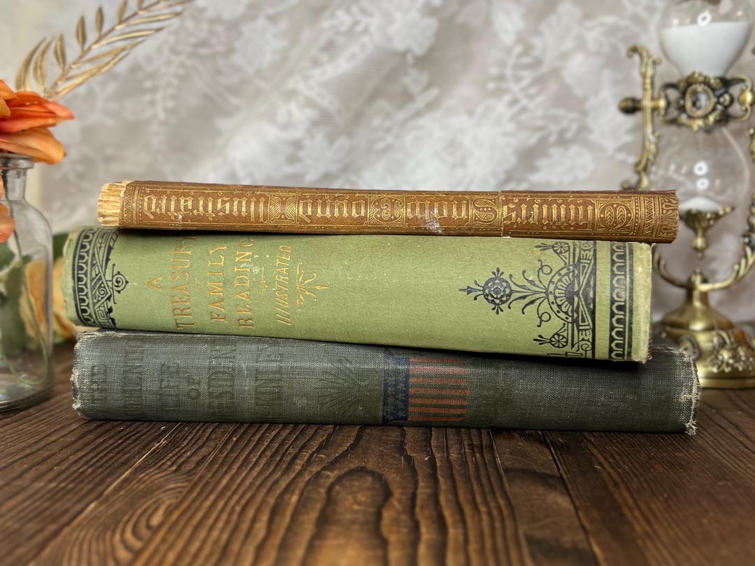 Antique Book Stack, Set of 3 Rare Antique Books, Distressed Blue Brown ...