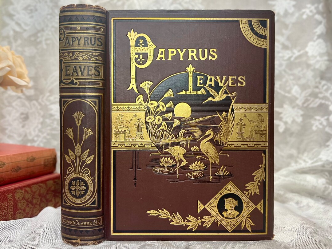 1884 Rare Antique Book, Papyrus Leaves, Poems, Stories, Essays, Brown ...