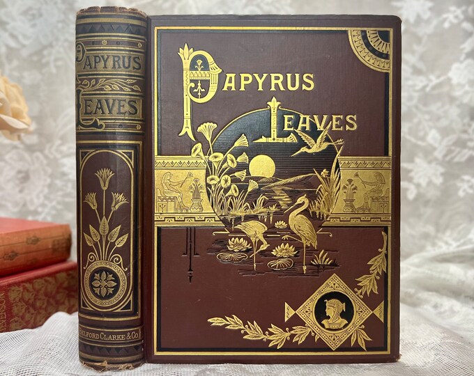 1884 Rare Antique Book, Papyrus Leaves, Poems, Stories, Essays, Brown ...