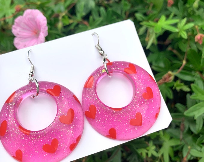 Pink And Red Heart Hoops Dangle Chunky Resin Lovecore Hoop Earrings