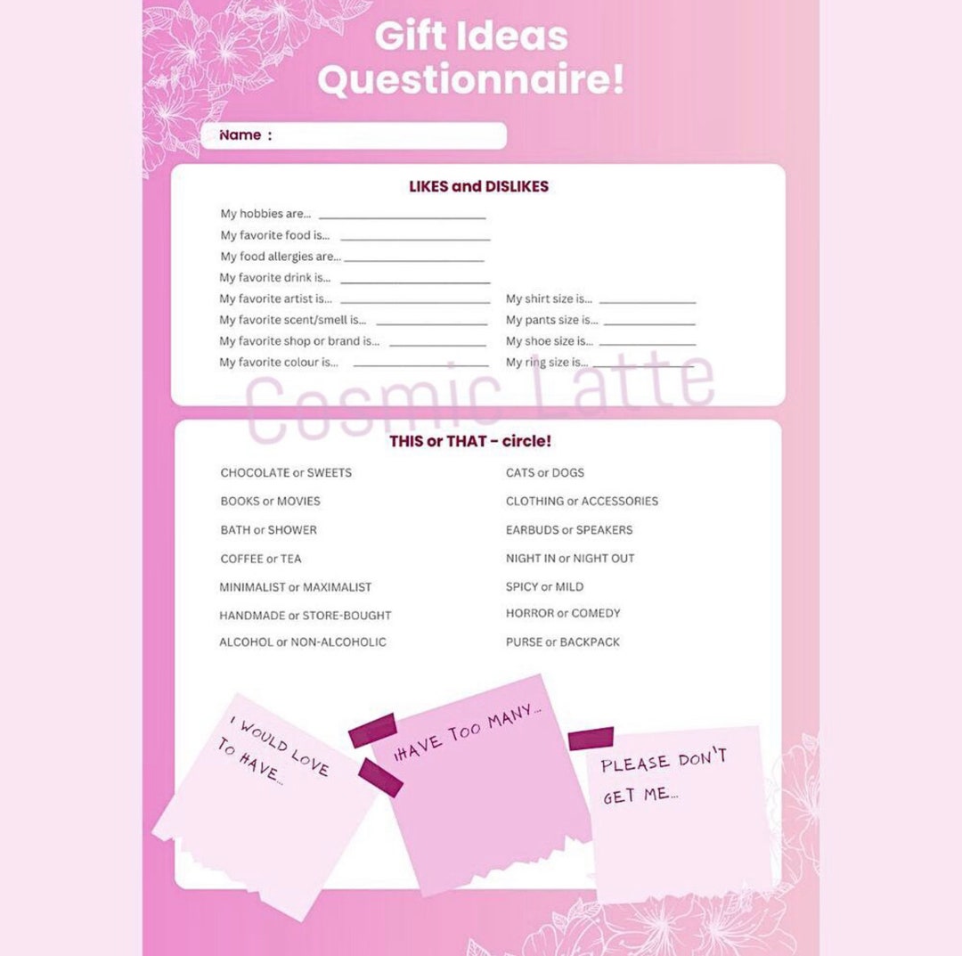 Gift Ideas Checklist Questionnaire for Friends Bridesmaids Printable ...