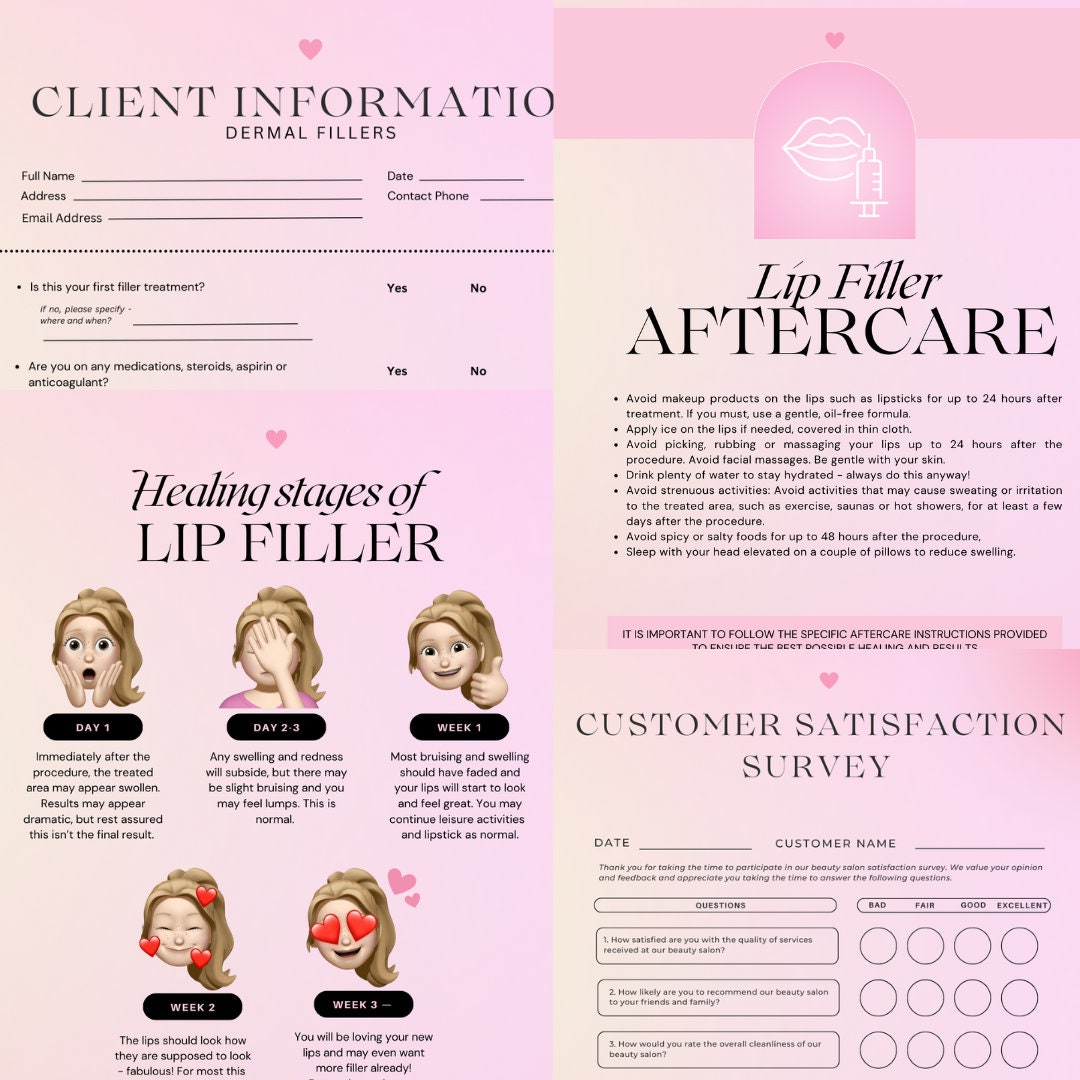 Lip Filler Aftercare Client Information Intake Healing Stages Sheets ...