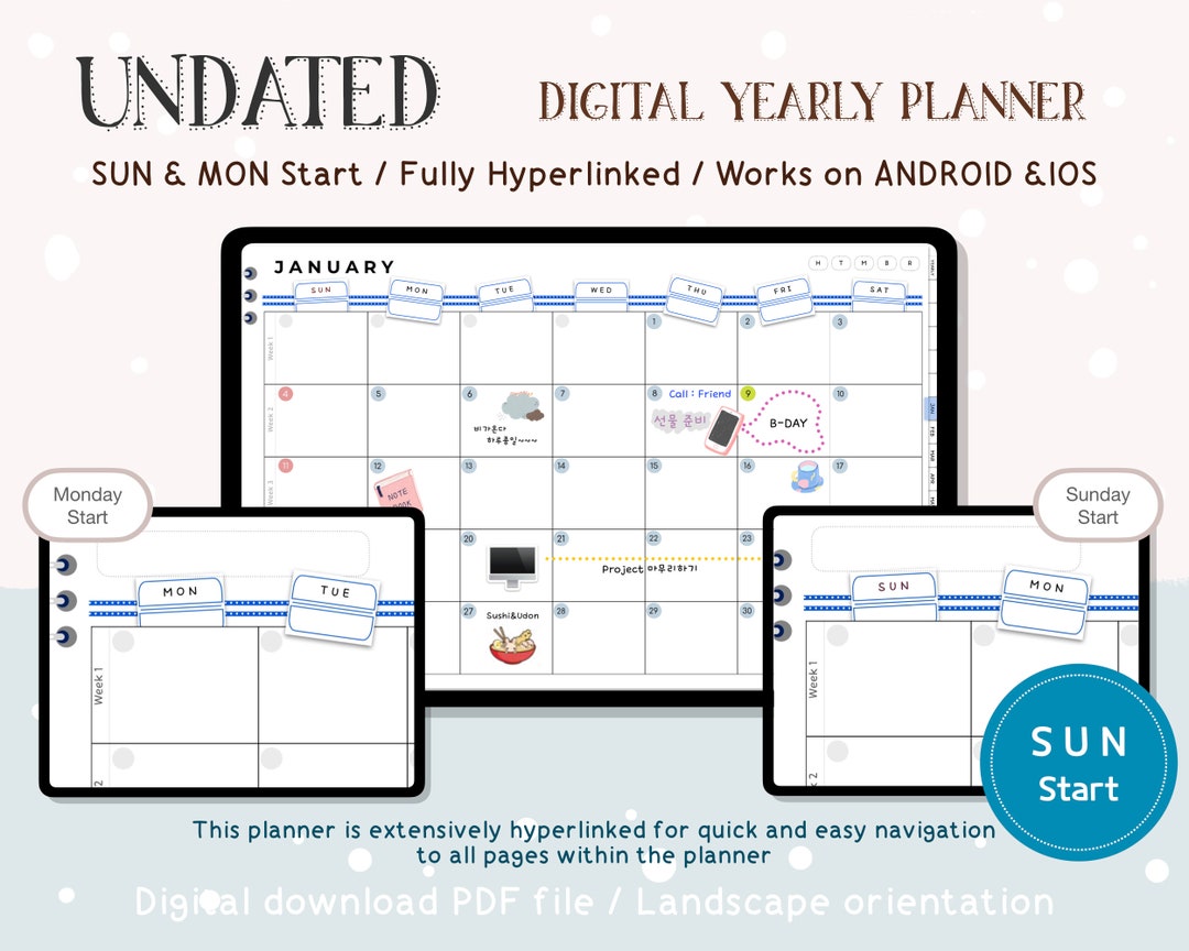 Blue Stitch Undated Yearly Digital Planner, iPad - Android Tablet ...