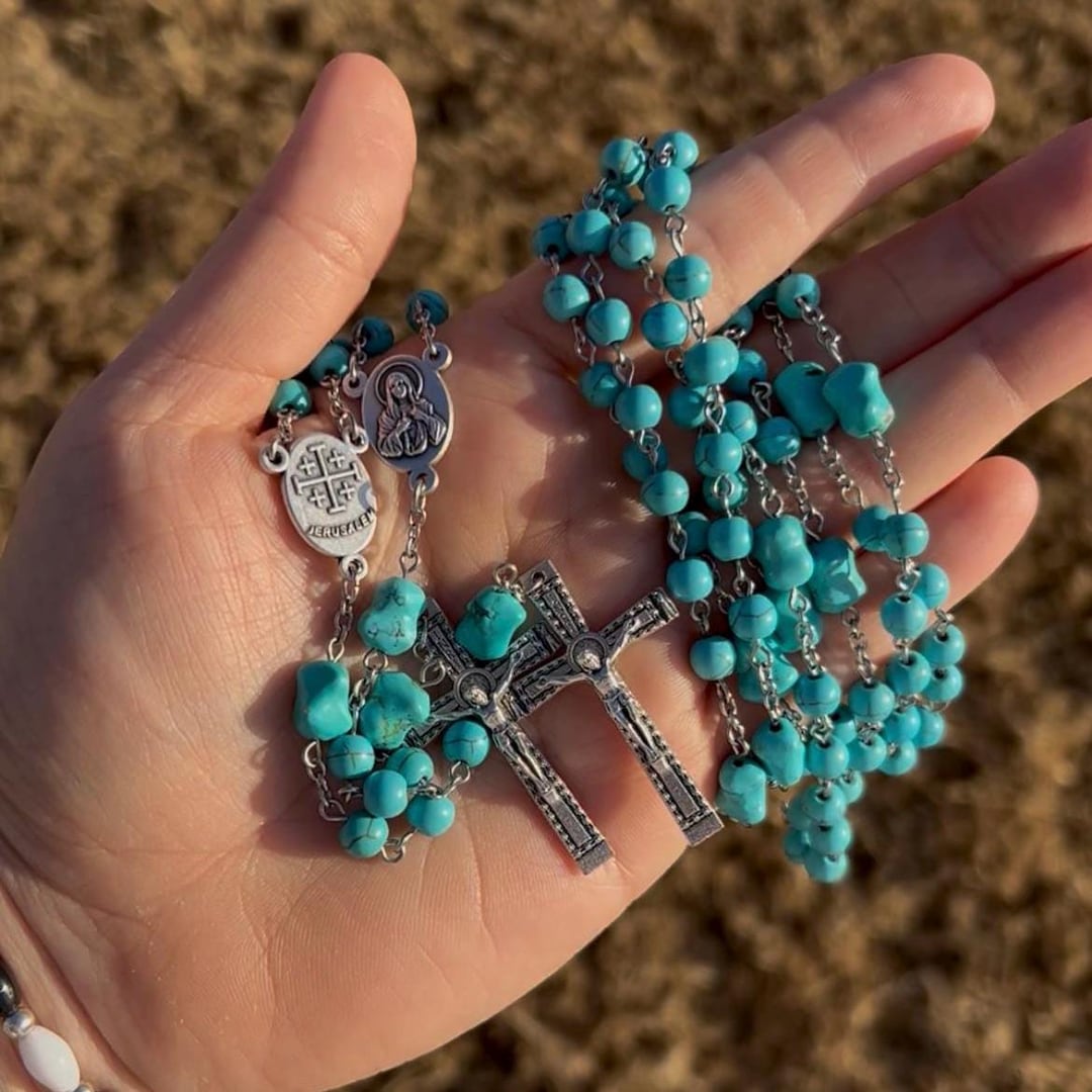 Turquoise Rosary | Immaculate Heart of Mary | Wagnerite & Turquoise ...