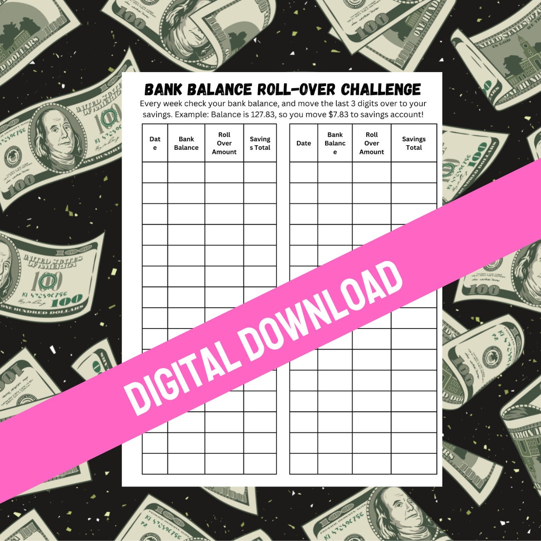 Bank Balance Roll Over Savings Challenge - 52 Weeks Savings Tracker ...