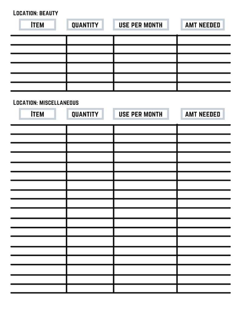 Household Inventory List Download for Bathroom, Kitchen, Beauty ...