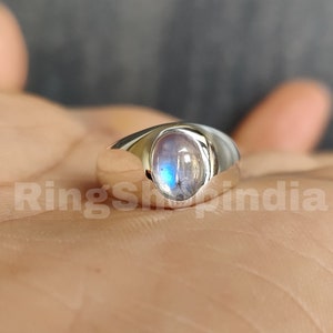 Signet 6X8 MM Rainbow Moonstone Oval Shape Ring, 925 Solid Sterling Silver Jewelry, Statement ...