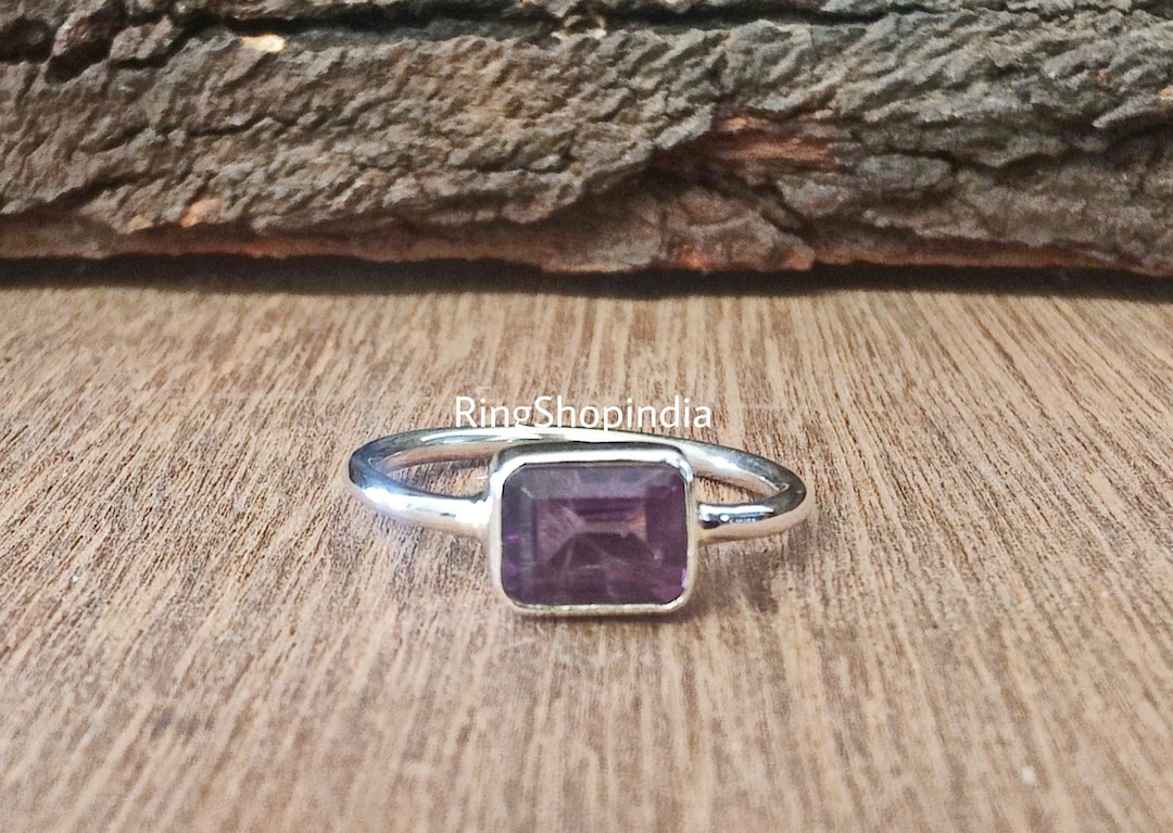 Silver Ring, Purple Amethyst Rectangle Shape Stone Ring, 925 Solid ...