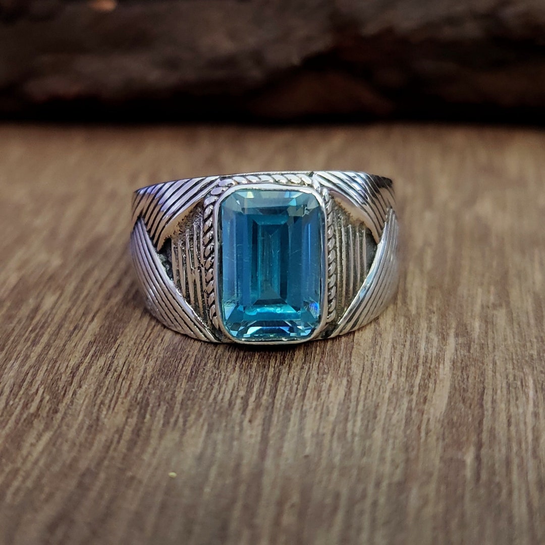 Mens Aquamarine Ring, Signet Ring, 925 Solid Sterling Silver, Gemstone ...
