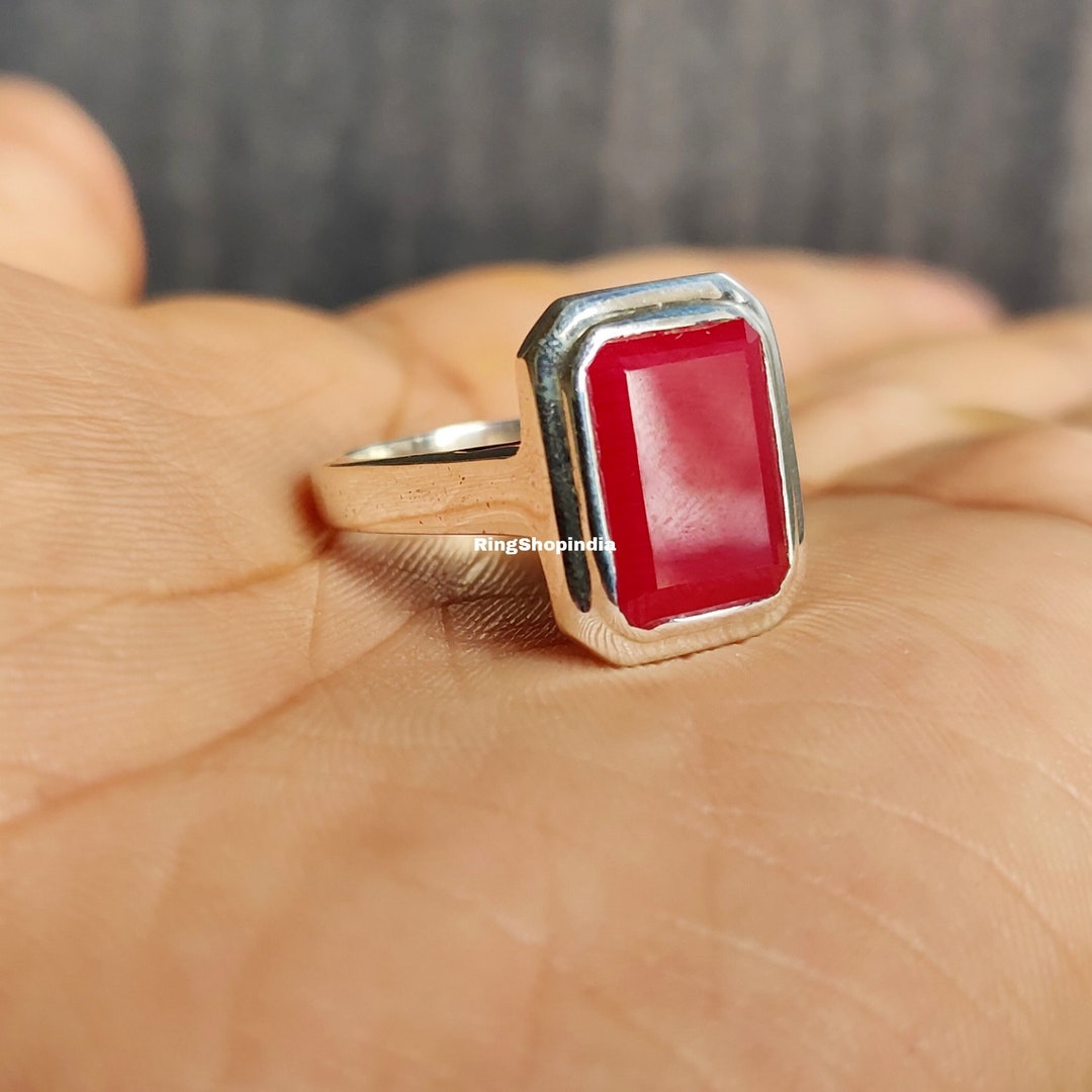 Red Ruby Square Shape Stone Ring for Men Women, Boho Wear, 925 Solid ...