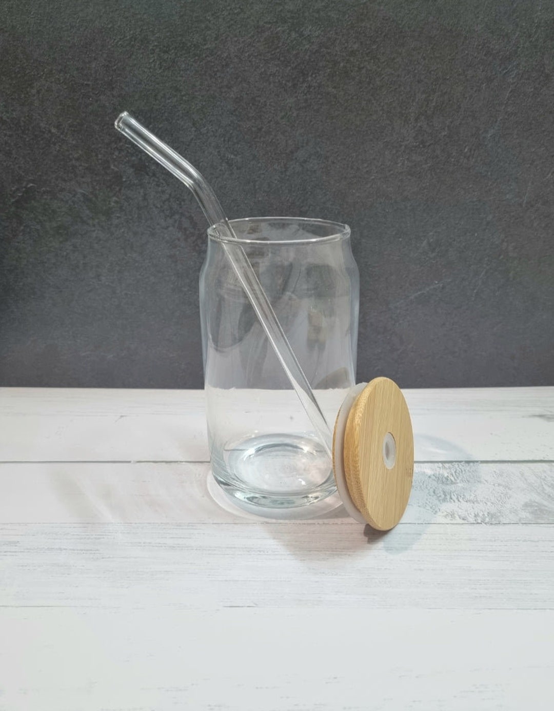 16oz 470ml Soda Glass Bamboo Lid Glass Curved Straw Set Hot or Cold ...
