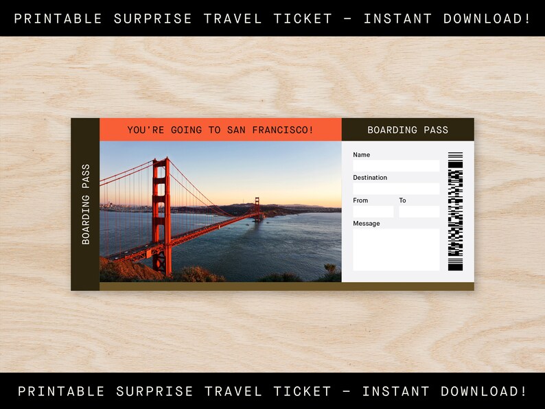 Printable SAN FRANCISCO Surprise Trip Gift Ticket, Boarding Pass ...