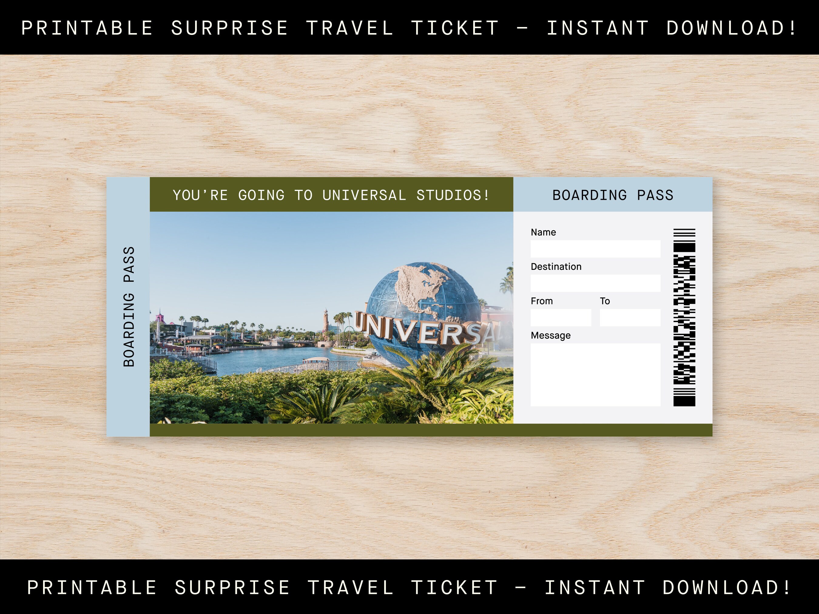 Printable UNIVERSAL STUDIOS Surprise Trip Gift Ticket, Boarding Pass ...