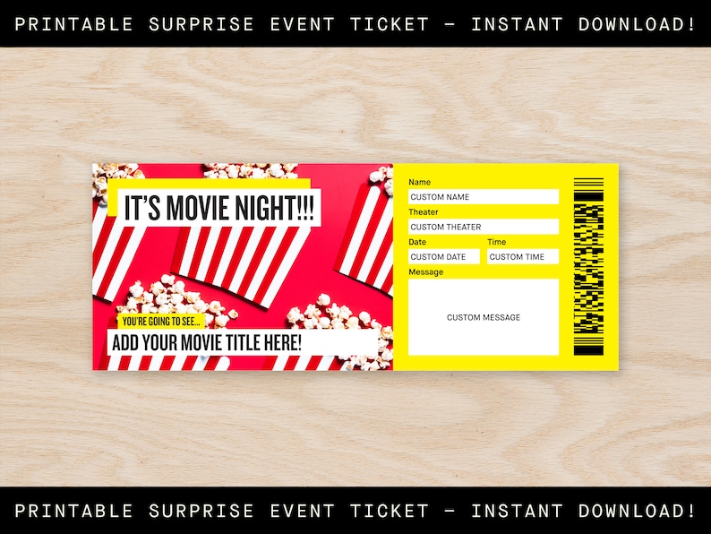 Printable MOVIE Gift Tickets, Cinema Themed Gift Reveal Tickets ...