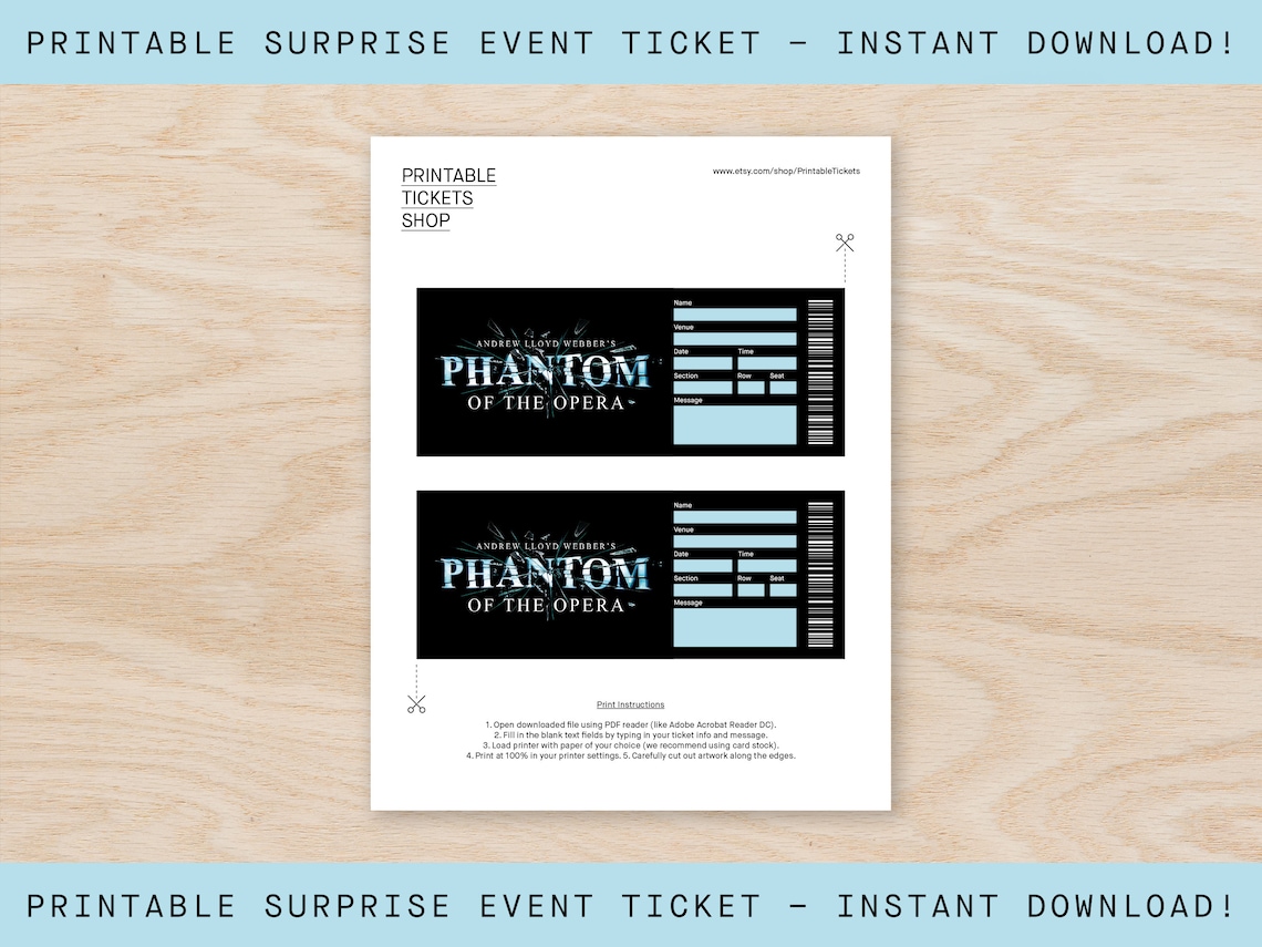 Printable Phantom of the Opera Broadway Ticket Surprise, Musical ...
