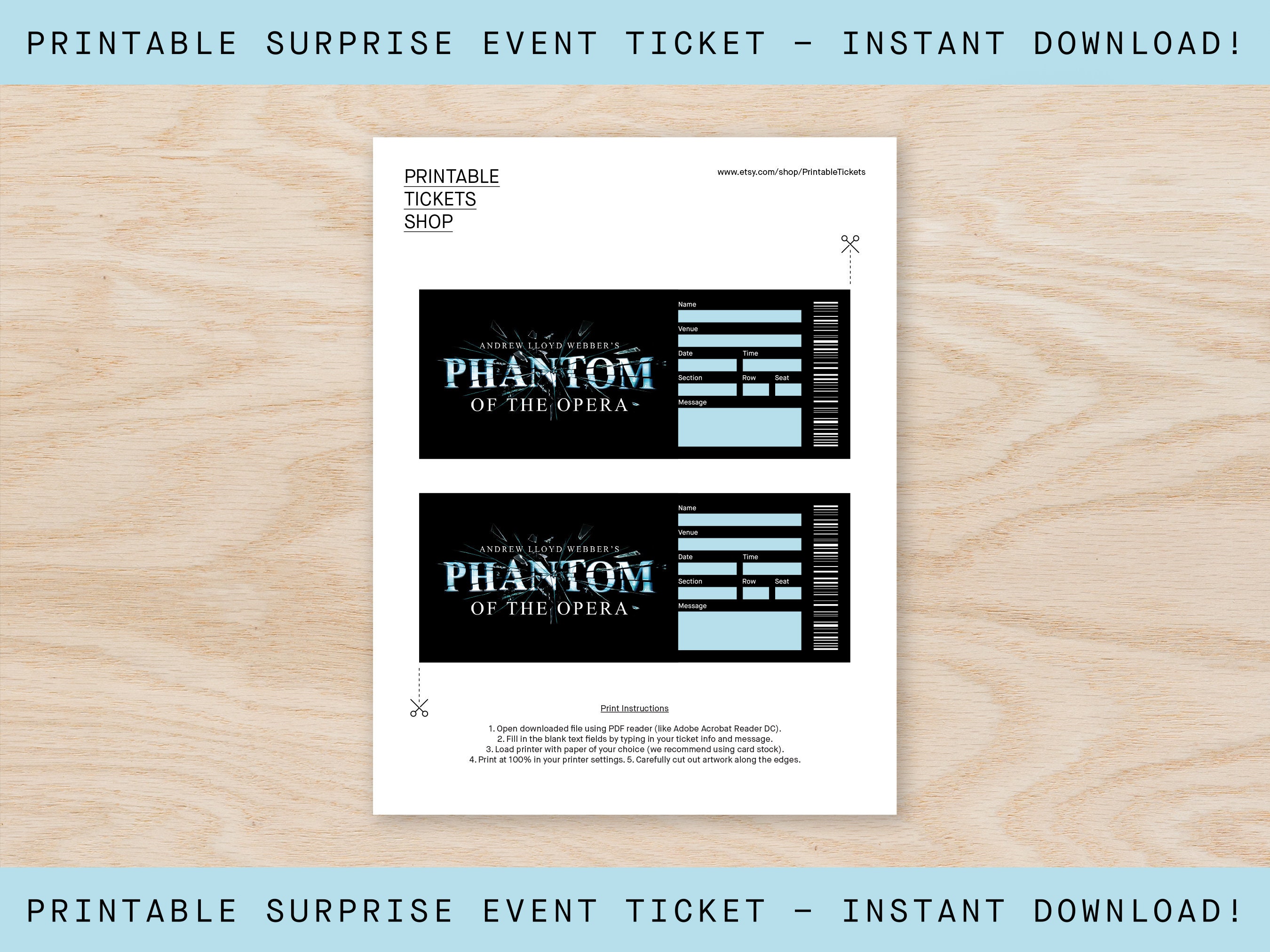 Printable Phantom of the Opera Broadway Ticket Surprise, Musical ...