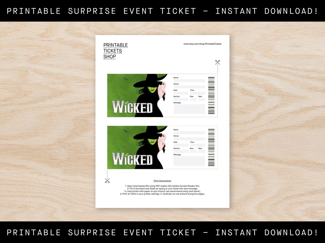 Printable Wicked Broadway Ticket Surprise, Musical Collectible Theater ...