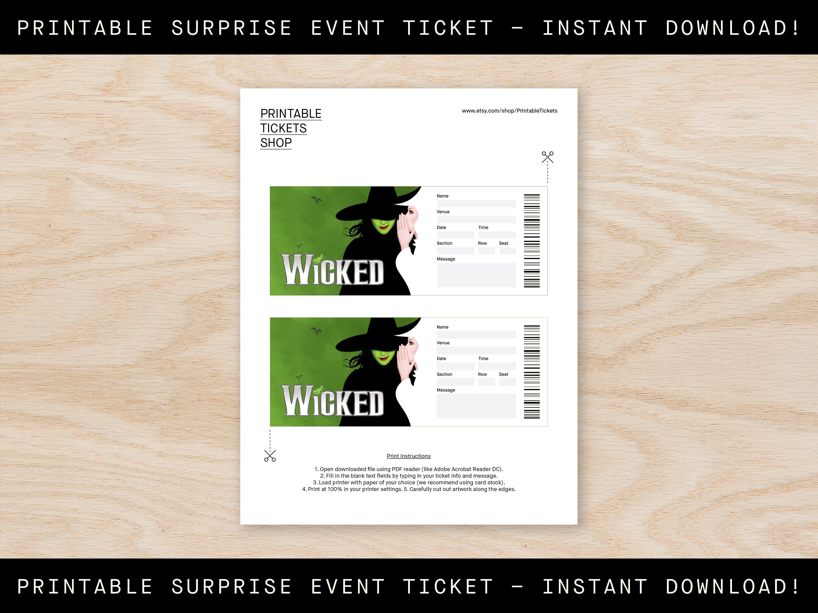 Printable Wicked Broadway Ticket Surprise, Musical Collectible Theater ...