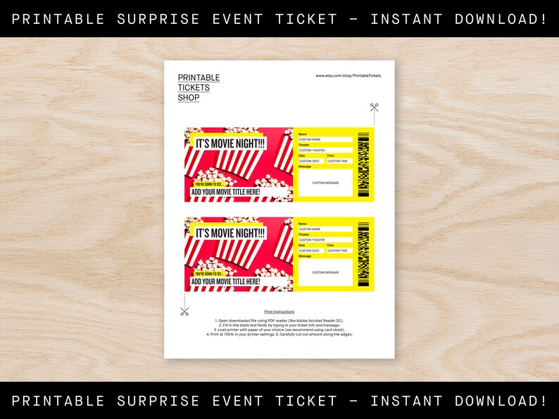 Printable MOVIE Gift Tickets, Cinema Themed Gift Reveal Tickets ...