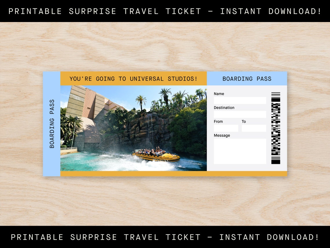 Printable UNIVERSAL STUDIOS Surprise Trip Gift Ticket, Boarding Pass ...