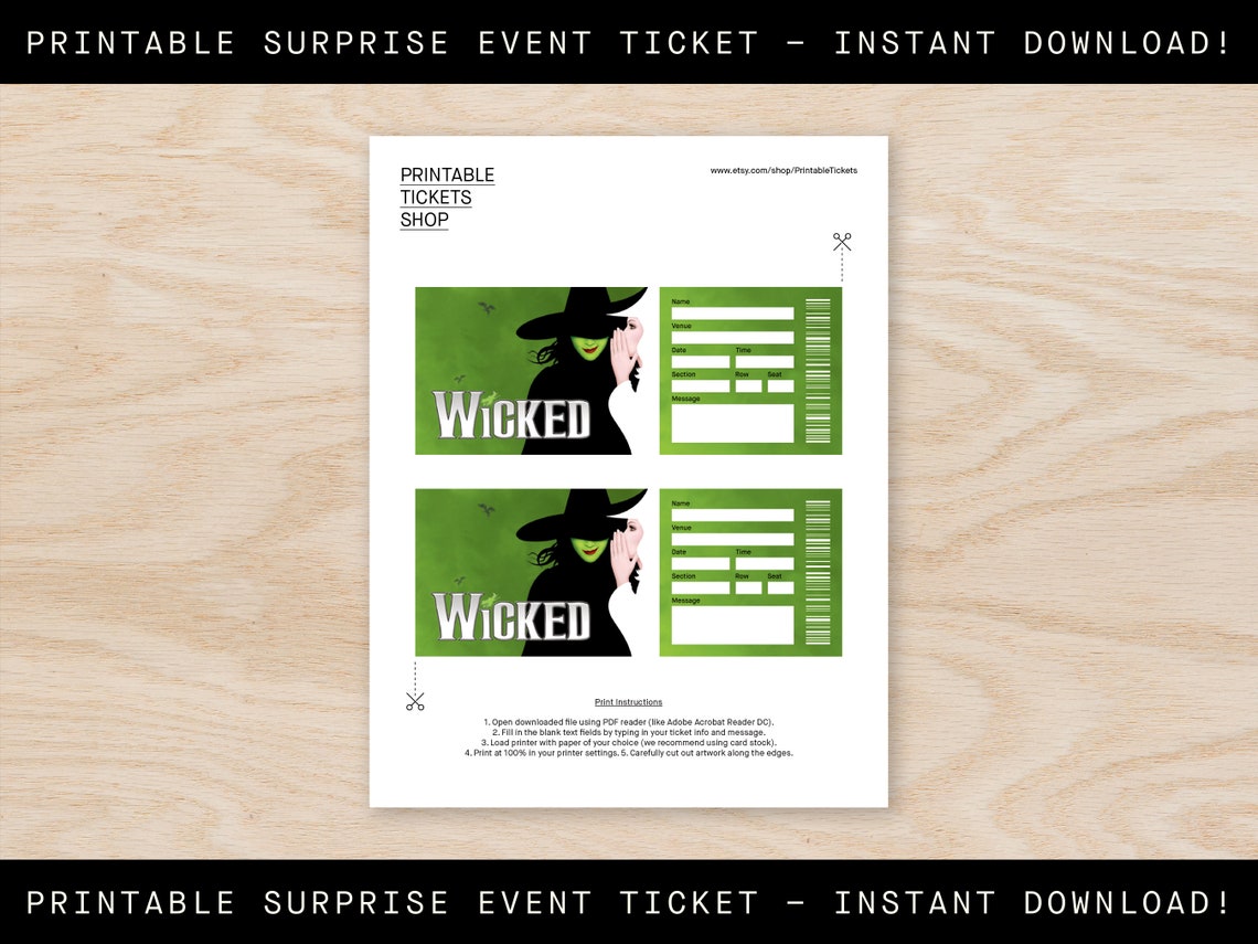 Printable Wicked Broadway Ticket Surprise, Musical Collectible Theater ...