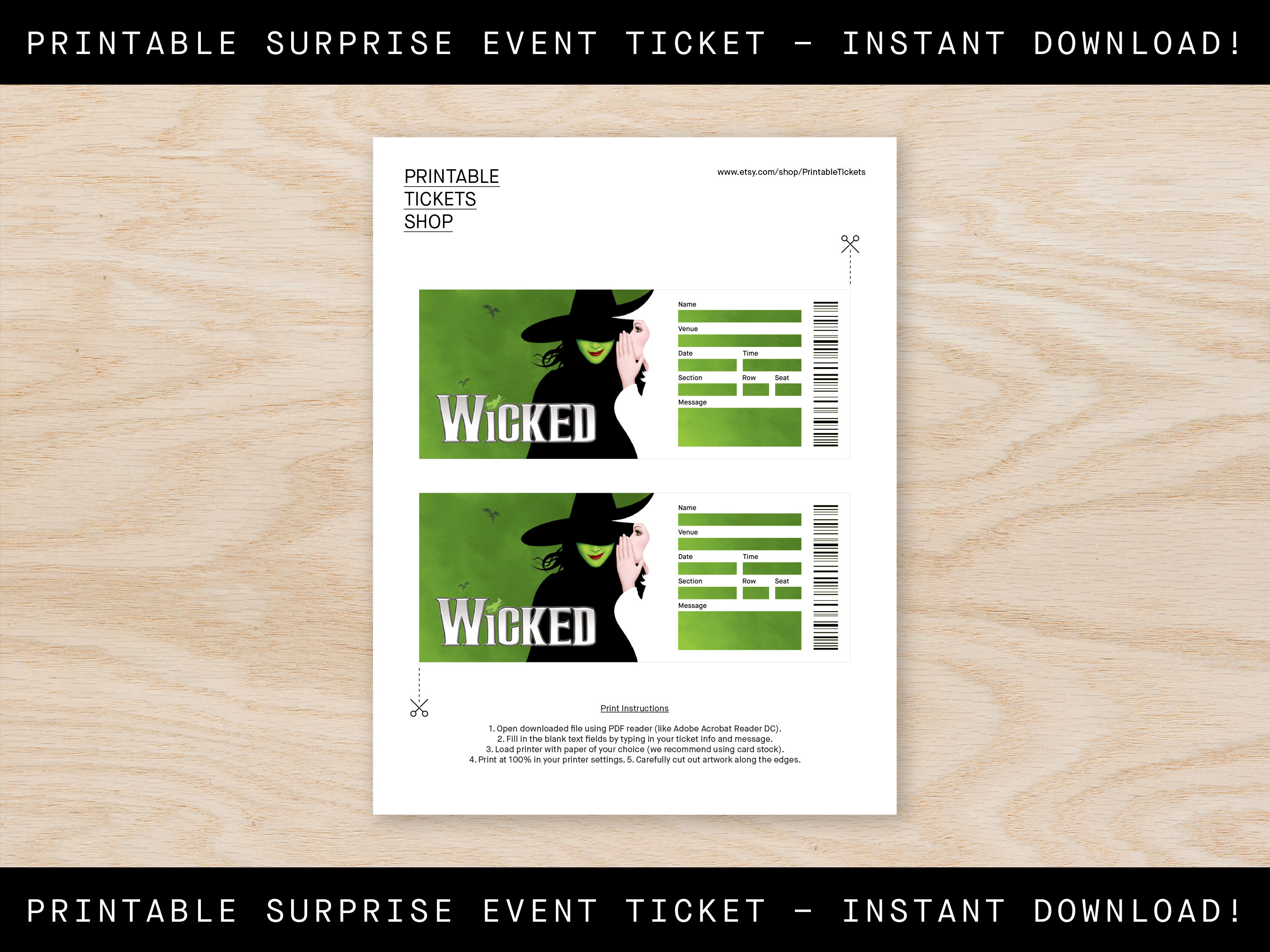 Printable Wicked Broadway Ticket Surprise, Musical Collectible Theater ...
