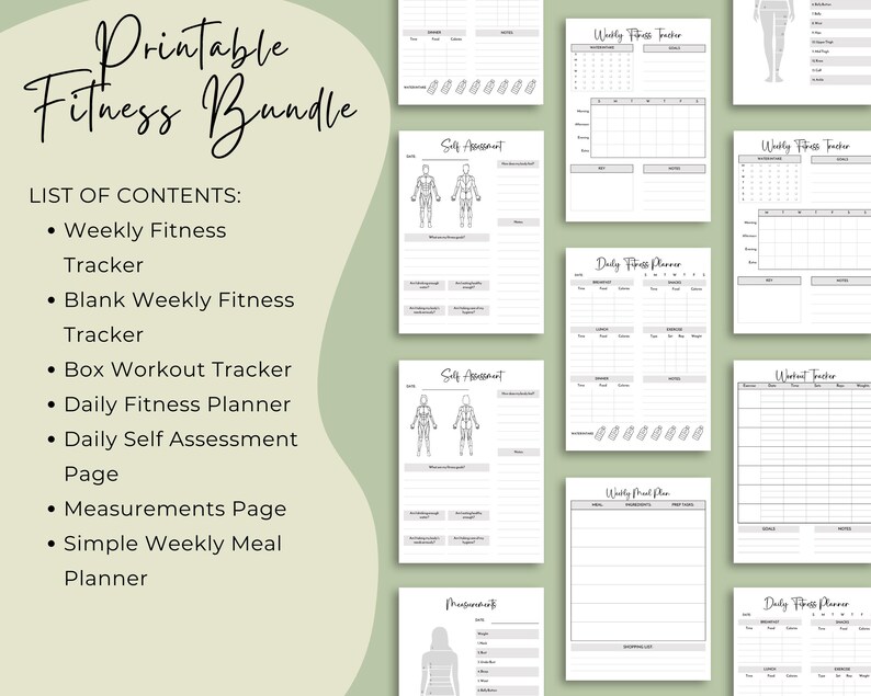 Fitness Printable PDF Bundle - Exercise Trackers - Body Size ...