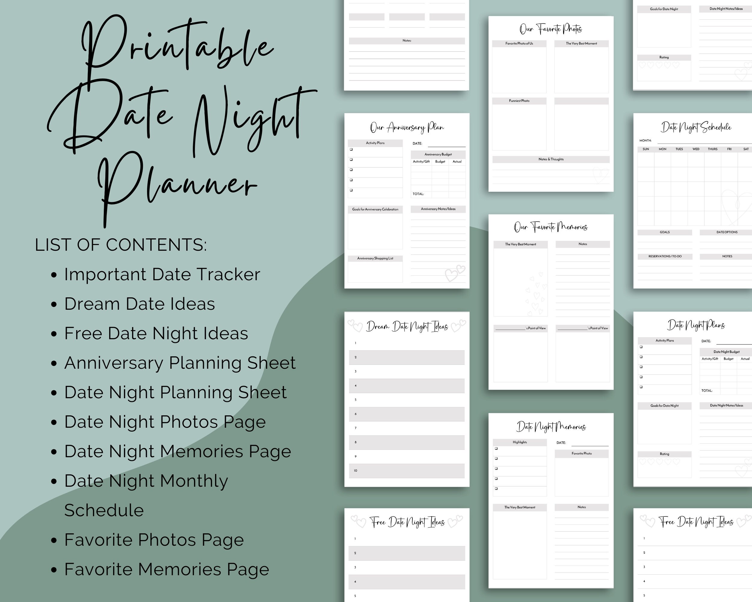 Date Night Planner for Couples Printable PDF - Date Budget, Plans, Memories, Ideas, and ...