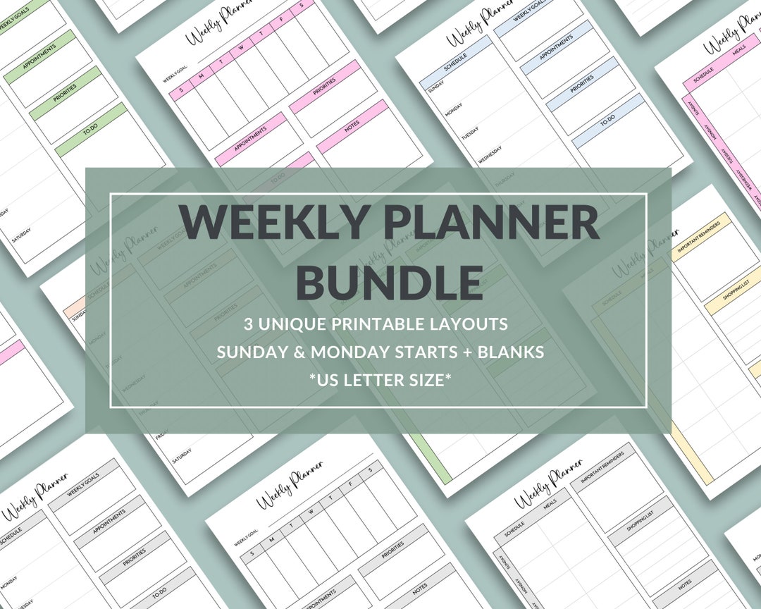 Weekly Planner Printable PDF Bundle - 3 Unique Weekly Layouts - Sunday ...