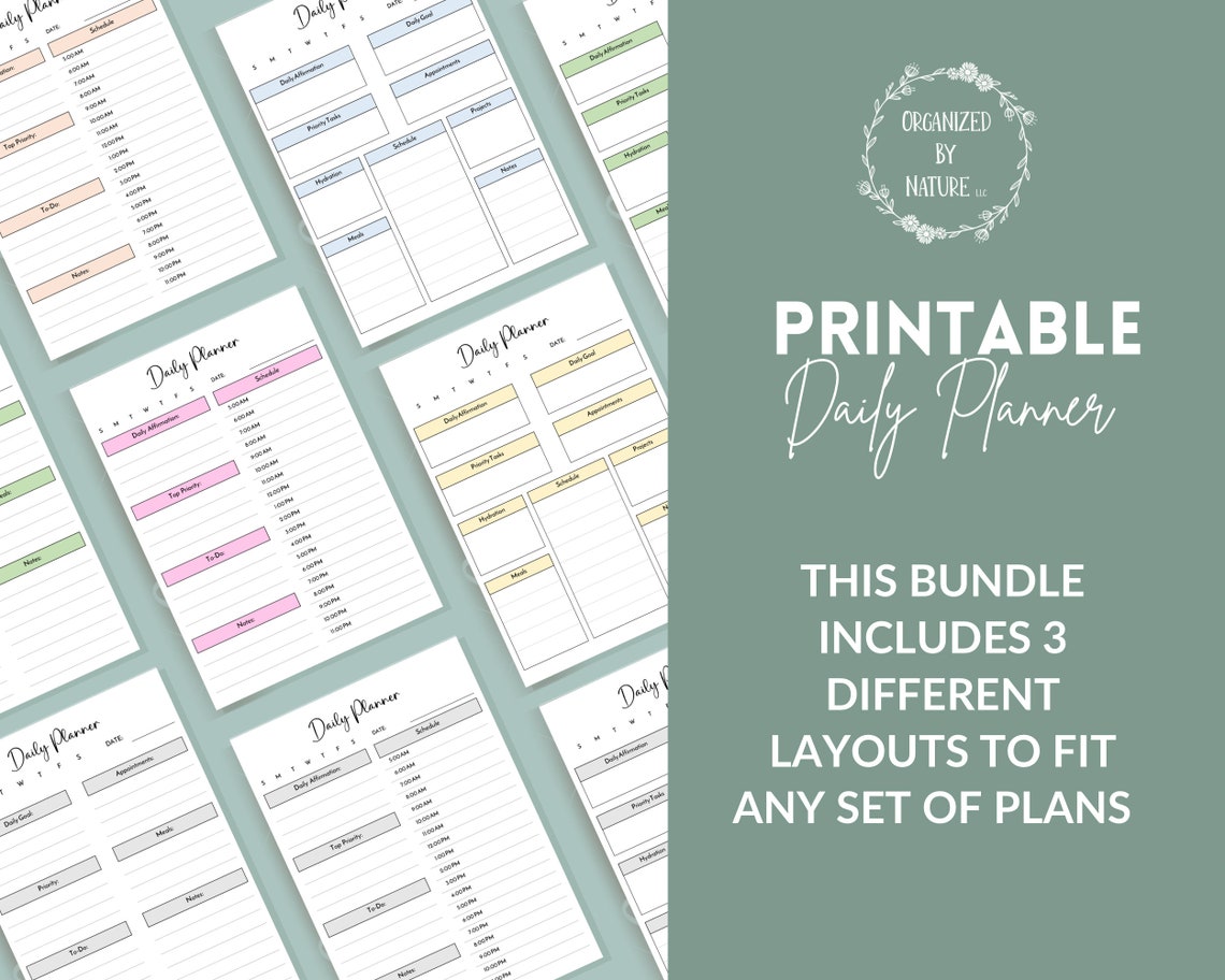 Simple Printable Daily Planner, PDF Bundle 3 Unique Daily Layouts ...