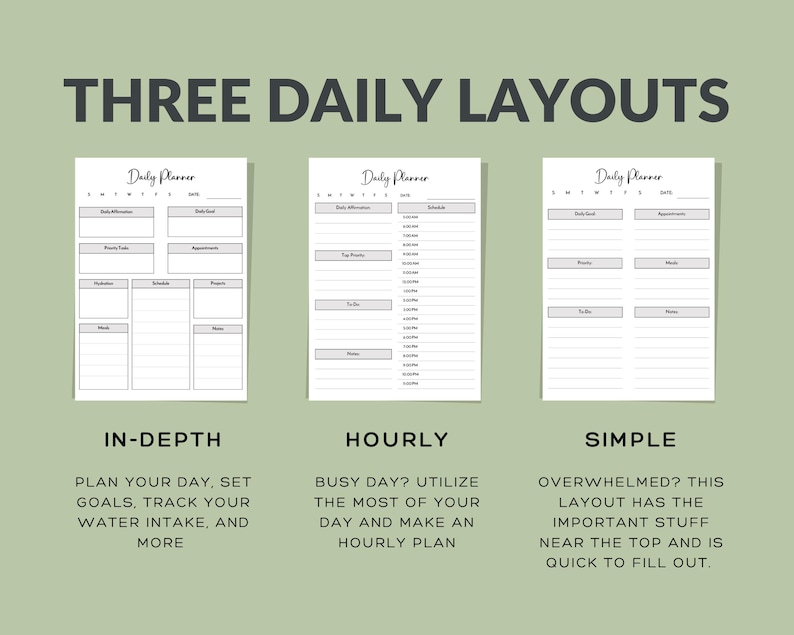 Simple Printable Daily Planner, PDF Bundle - 3 Unique Daily Layouts ...