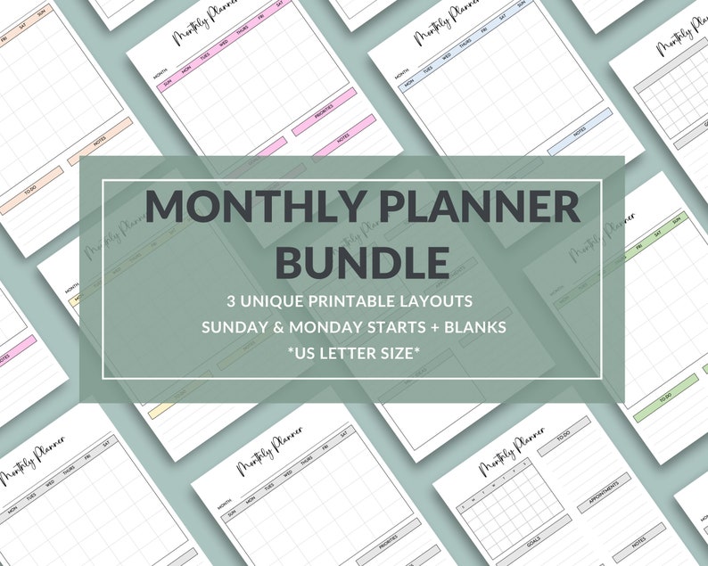 Monthly Planner Printable PDF Bundle - 3 Unique Monthly Layouts ...